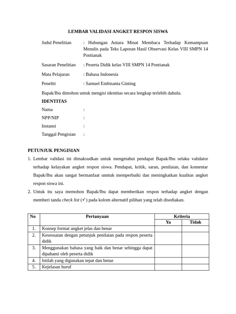 LEMBAR Validasi Angket | PDF