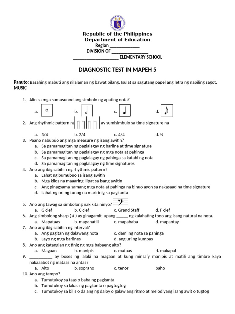 Diagnostic Test - Mapeh 5 | PDF