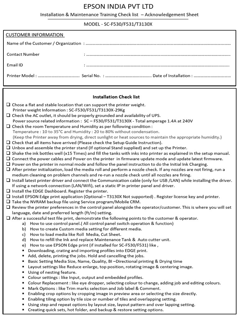 F530_F531_T3130X Installation & Maintenance Training Check List ...