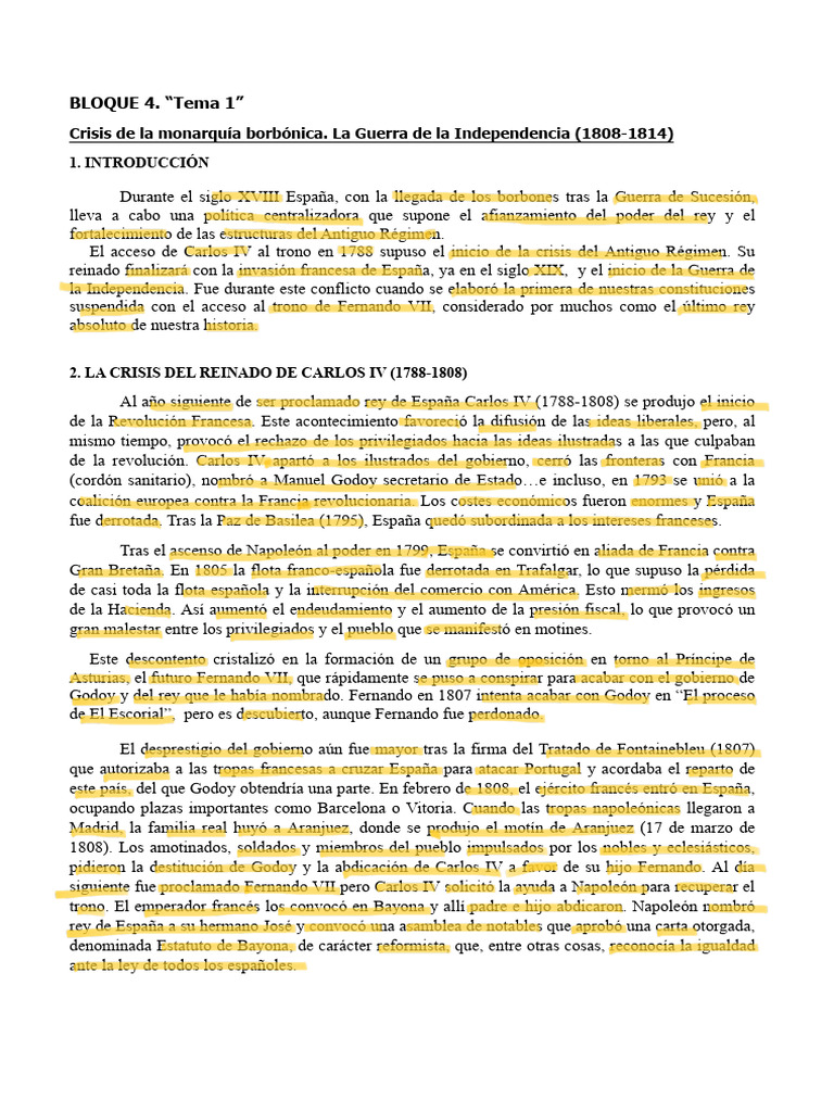 BLOQUE 4. Tema 1: Crisis de La Monarquía Borbónica. La Guerra de La Independencia (1808-1814 ...