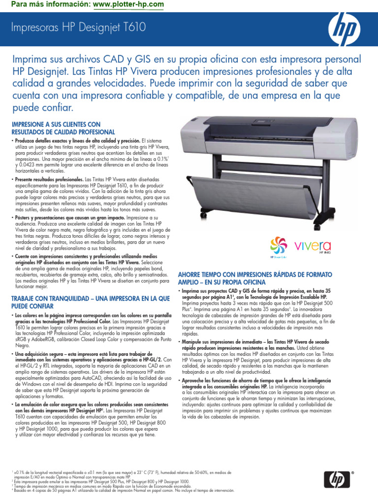 Caracteristicas Plotter HP Designjet t610 | PDF | Impresora (Computación) | Equipo de oficina