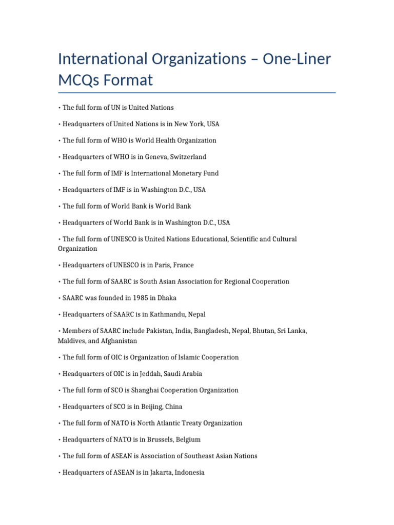 Organizations MCQs OneLiner | PDF | International Relations | Global ...