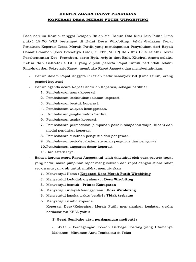 Berita Acara Revisi Koperasi Merah Putih | PDF