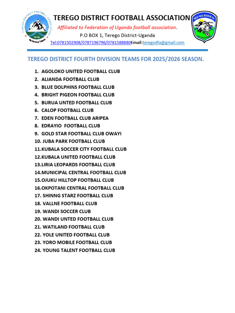 Terego District Fourth Division Teams 2025 | PDF