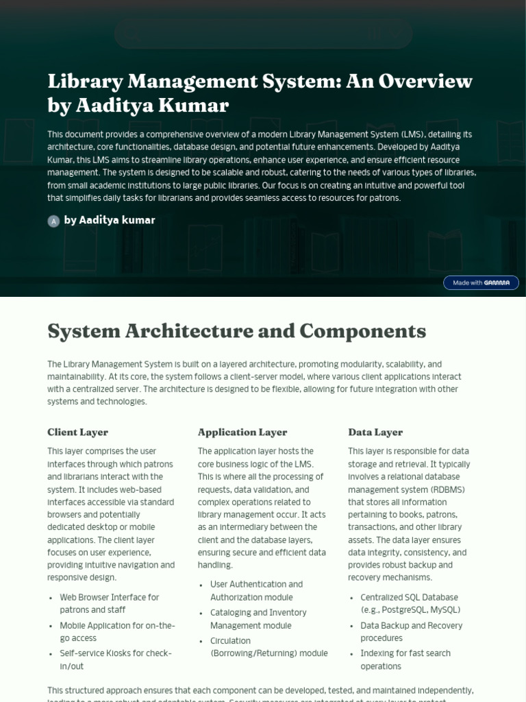 Library Management System An Overview by Aaditya Kumar | PDF | Databases | Libraries