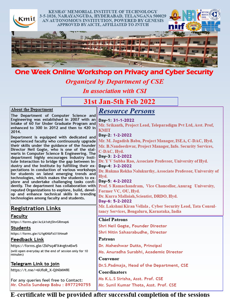 P&CS Workshop (Dept. of CSE - KMIT) | PDF | Cybercrime | Security Engineering