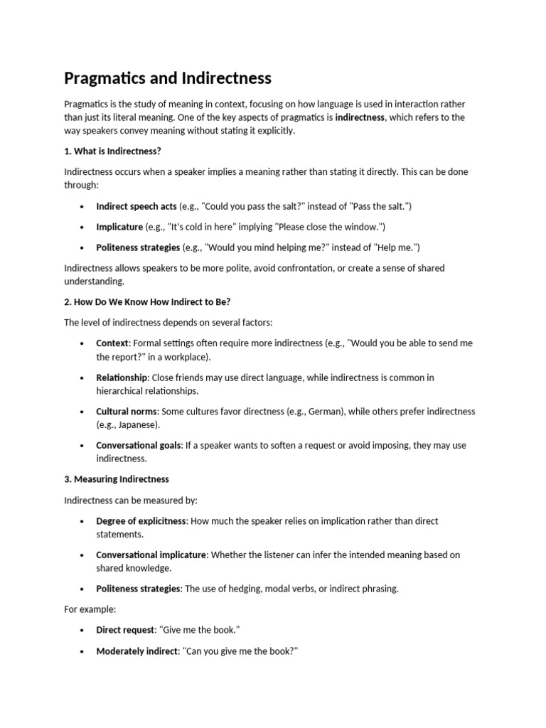 Topic 4 & 5 - Pragmatics and Indirectness | PDF | Semantics | Human Communication