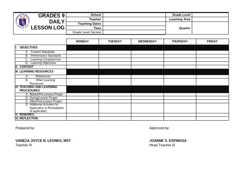 Grade 9 Daily Lesson Log Template | PDF