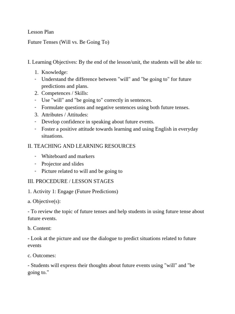 Future Tenses: Will vs. Be Going To Lesson | PDF