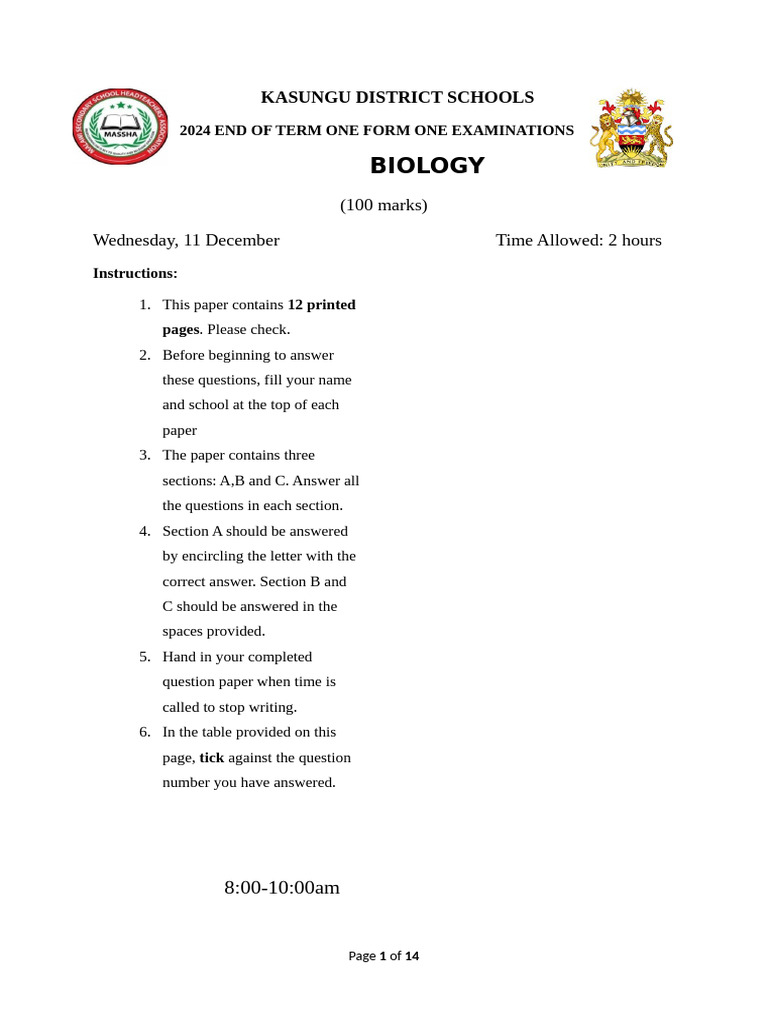 BIOLOGY f1 Term 1 2024 Exams | PDF | Foods | Leaf