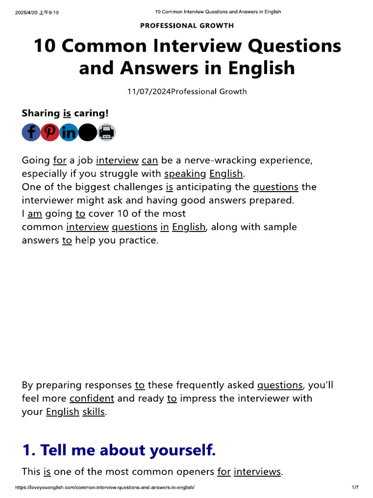 10 Common Interview Questions and Answers in English | PDF