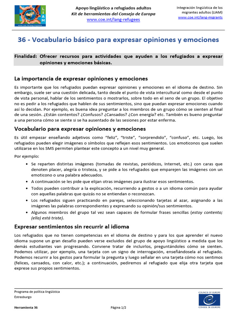 Vocabulario para Refugiados: Emociones | PDF | Las emociones