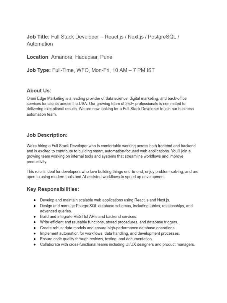 Full Stack Developer JD | PDF | Databases | Postgre Sql