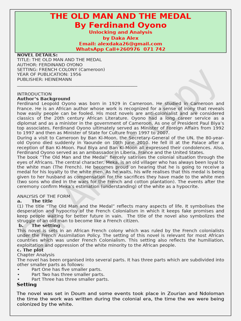 The Synopsis OLD MAN and The MEDAL by Ferdinand Oyono (Analysis) | PDF