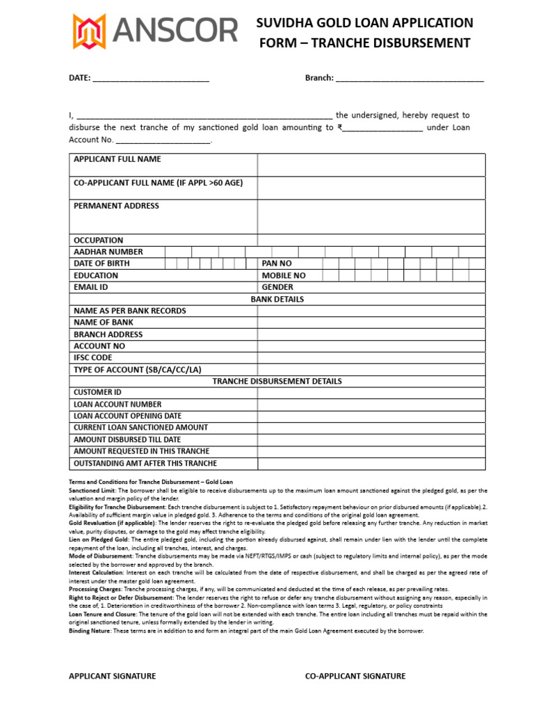 Anscor Suvidha Gold Loan Application Form - Tranche Disbursement | PDF ...