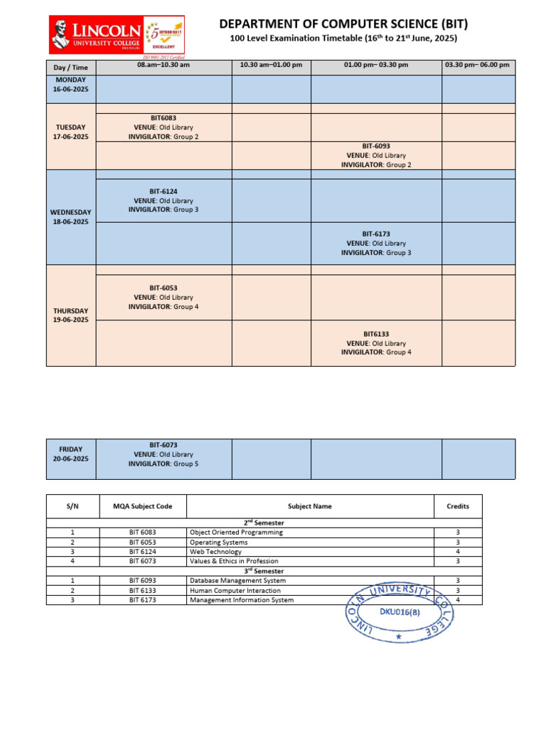 Bit 100 Level Exam Timetable June, 2025 | PDF