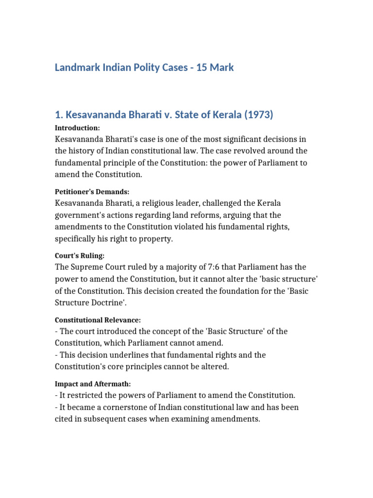 Key Landmark Cases in Indian Polity | PDF | Public Law | Political Law