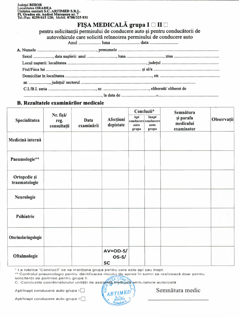 Fisa Medicala Artimed | PDF