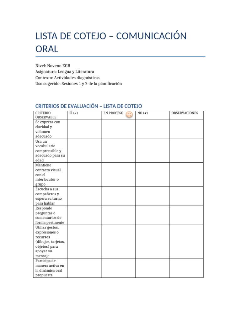 Lista Cotejo Comunicacion Oral 9EGB | PDF