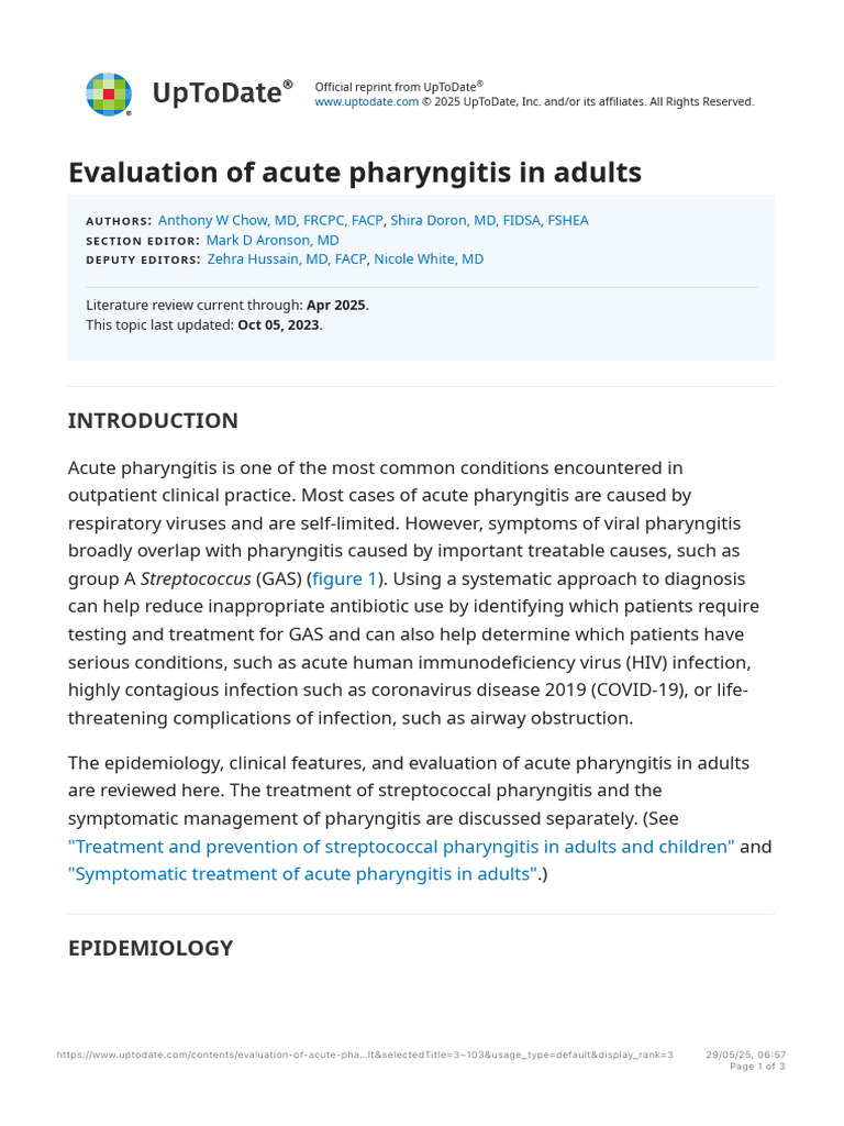 Evaluation of Acute Pharyngitis in Adults - UpToDate | PDF | Infection | Diseases And Disorders