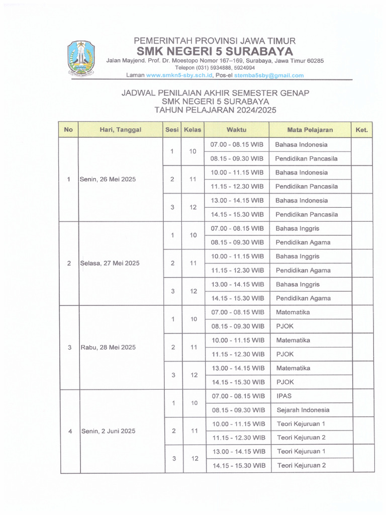Jadwal Penilaian Akhir Semester Genap Smkn 5 Sby Th 2024 2025 Pdf