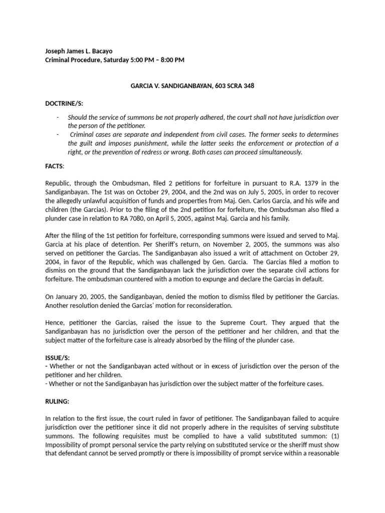 Garcia v. Sandiganbayan 603 Scra 348 | PDF | Service Of Process | Summons