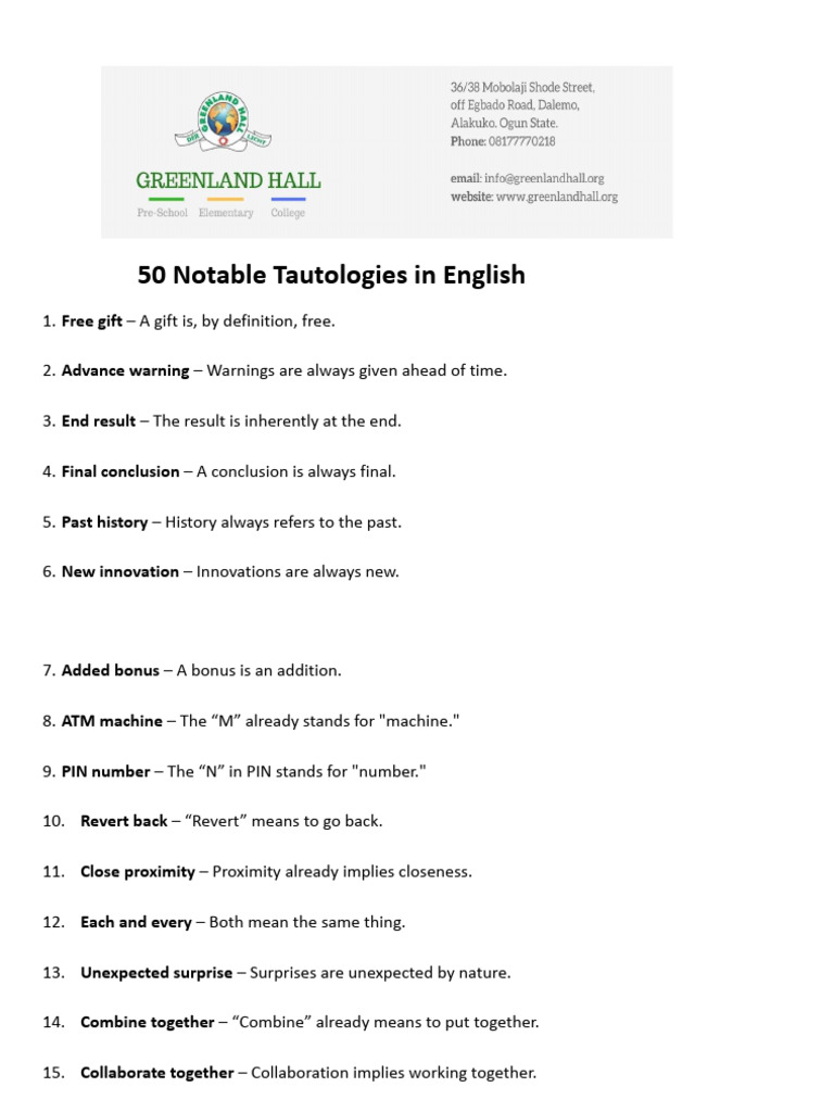 50 Notable Tautology in English Language | PDF