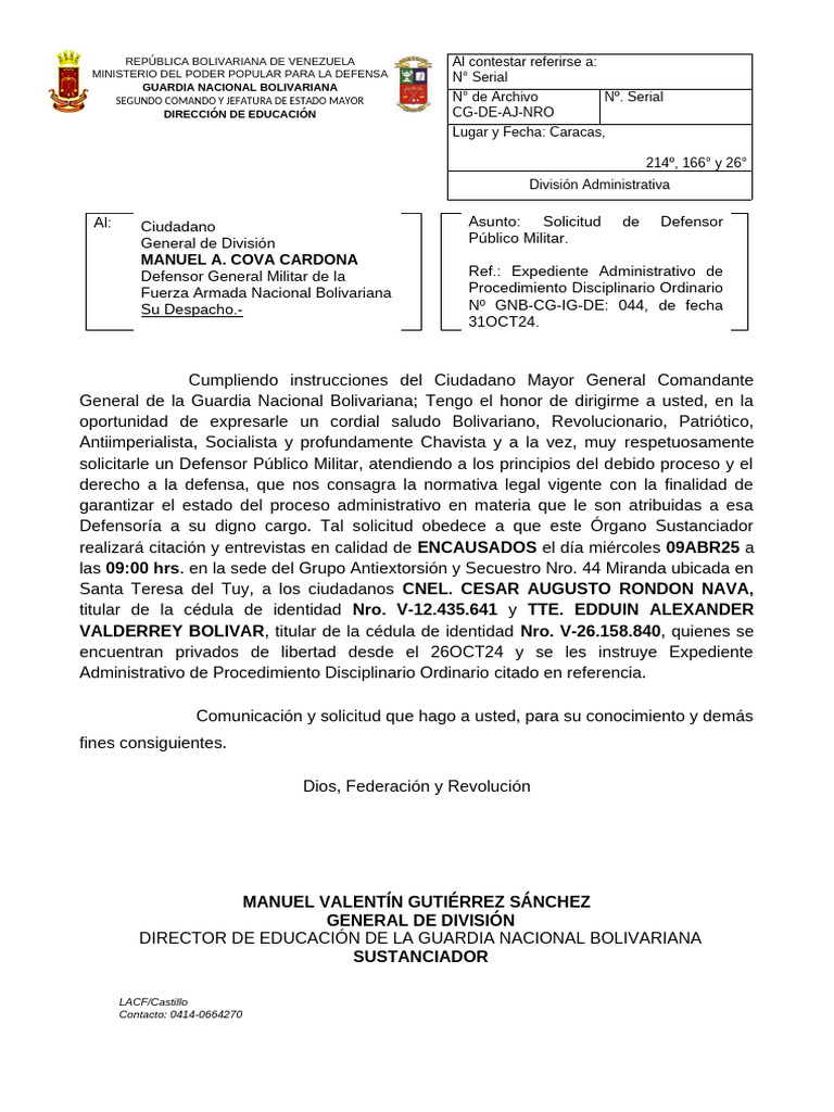 Oficio de Solicitud Del Defensor Publico Militar II | PDF | Gobierno | Venezuela