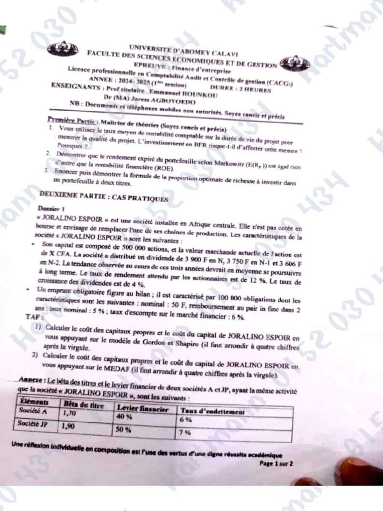 Proposition de Correction Finance D'entreprise SN 24-25 | PDF