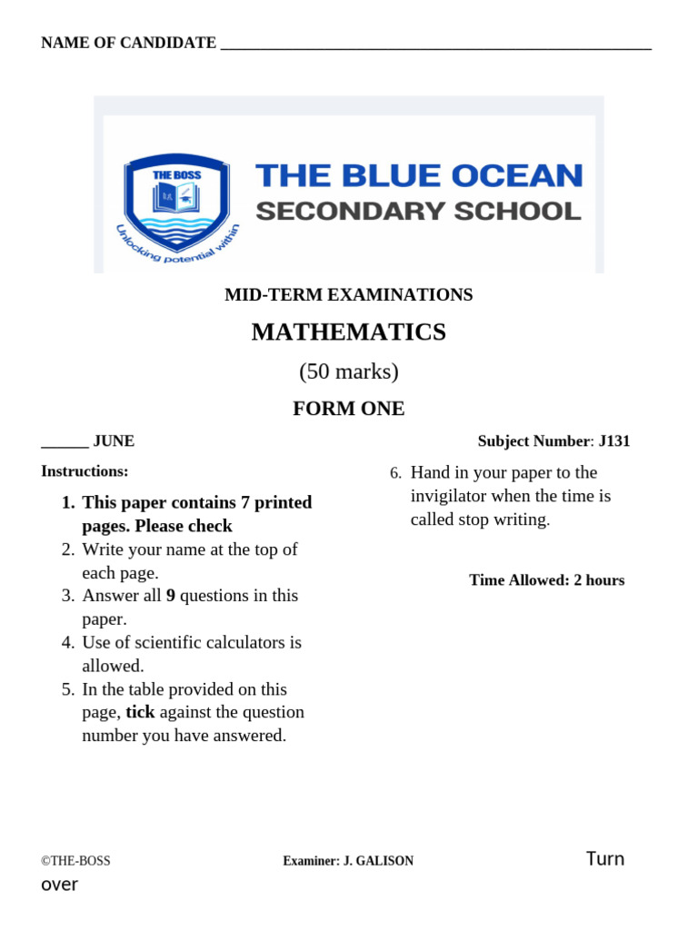 Mathematics Form 1 Exams | PDF