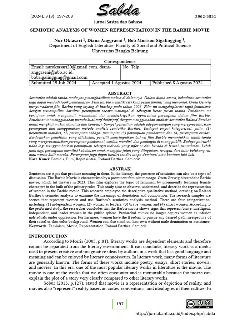 Sabda Semiotic Analysis of Women Representation in The Barbie Movie ...