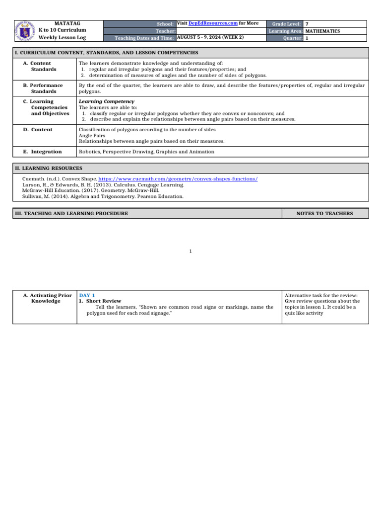DLL Matatag - Math 7 q1 w2 | PDF | Vertex (Geometry) | Polygon