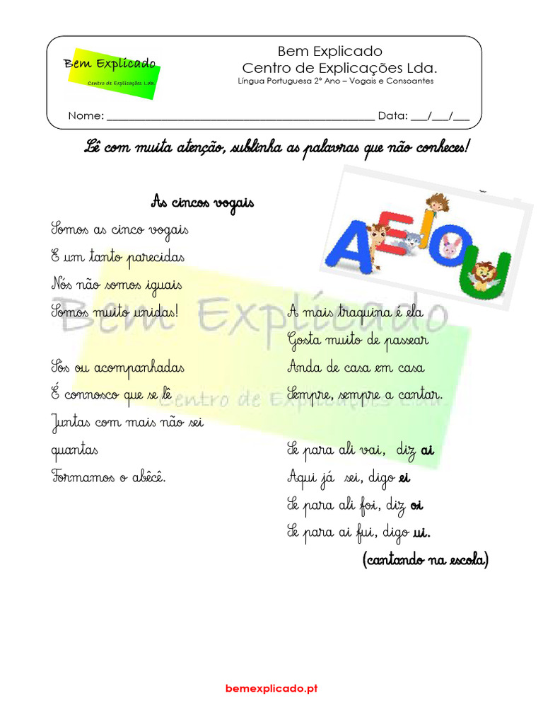 1.3 - Ficha de Trabalho - Vogais e Consoantes | PDF | Linguística ...