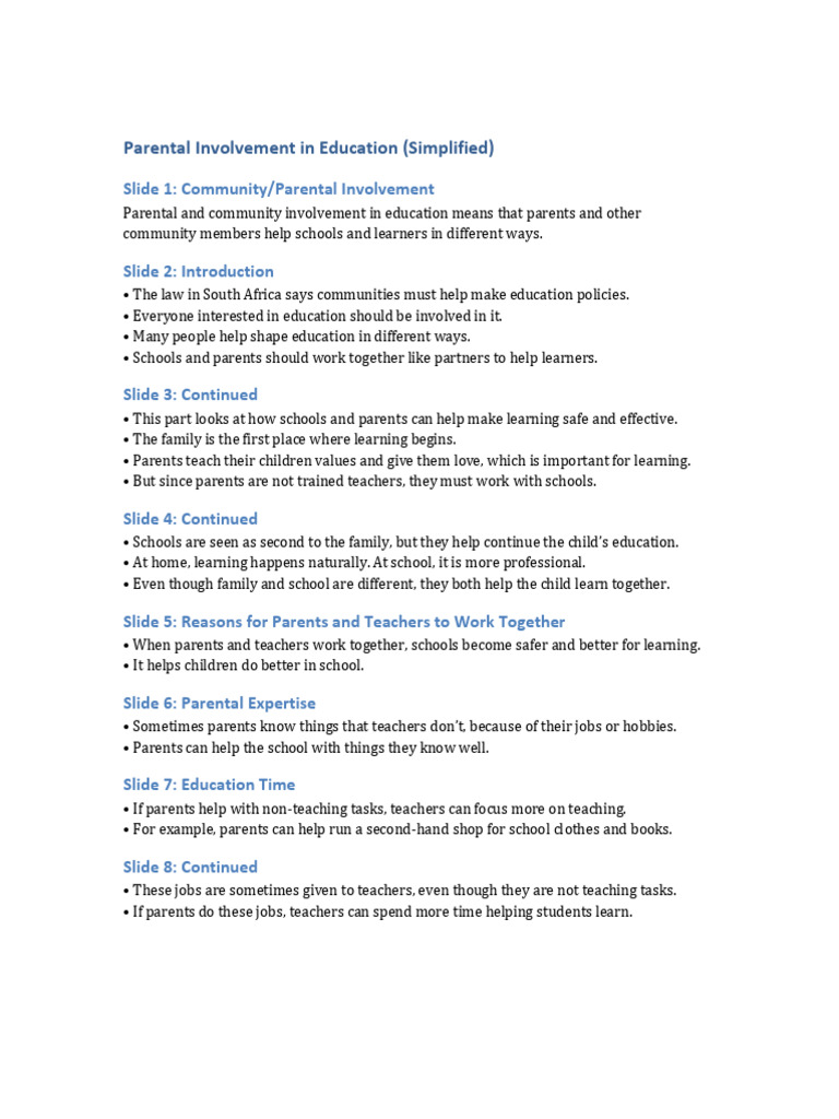 Parental Involvement Full Simplified Pdf Teachers Learning
