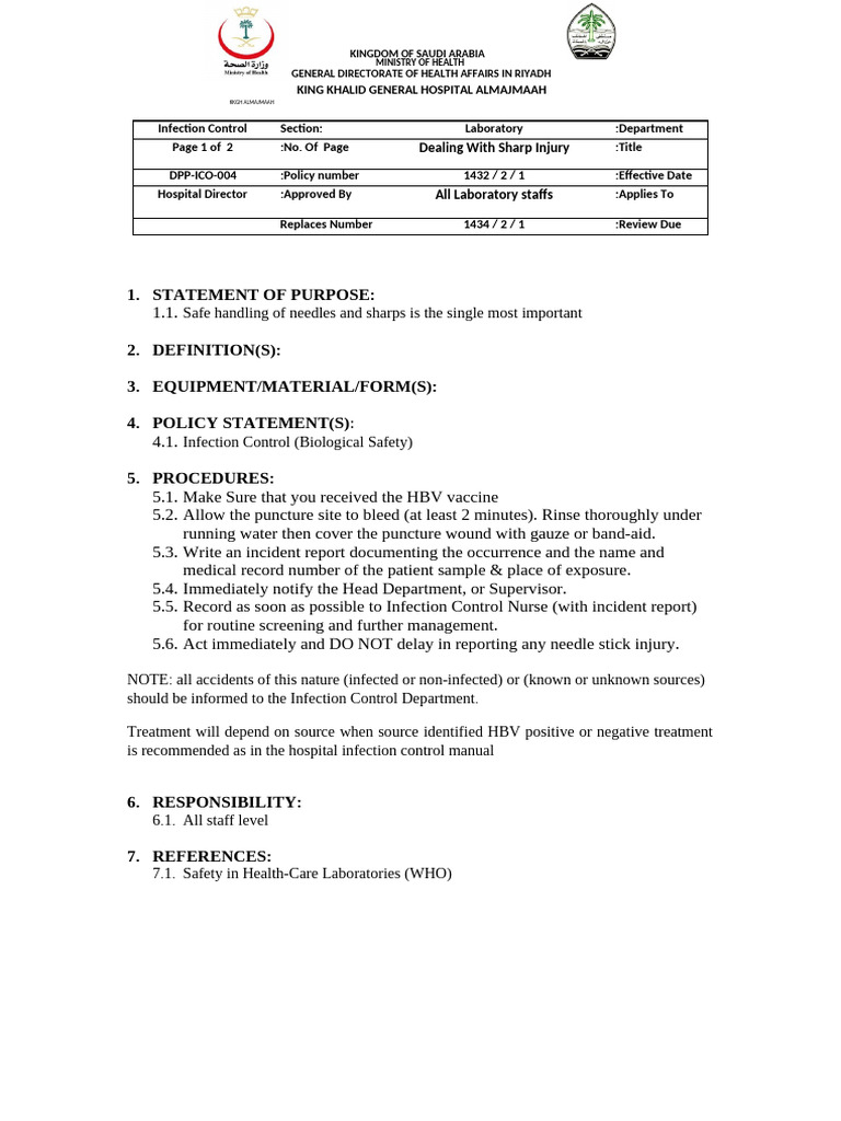 Safe Handling of Sharps Procedures | PDF | Public Health | Health Sciences