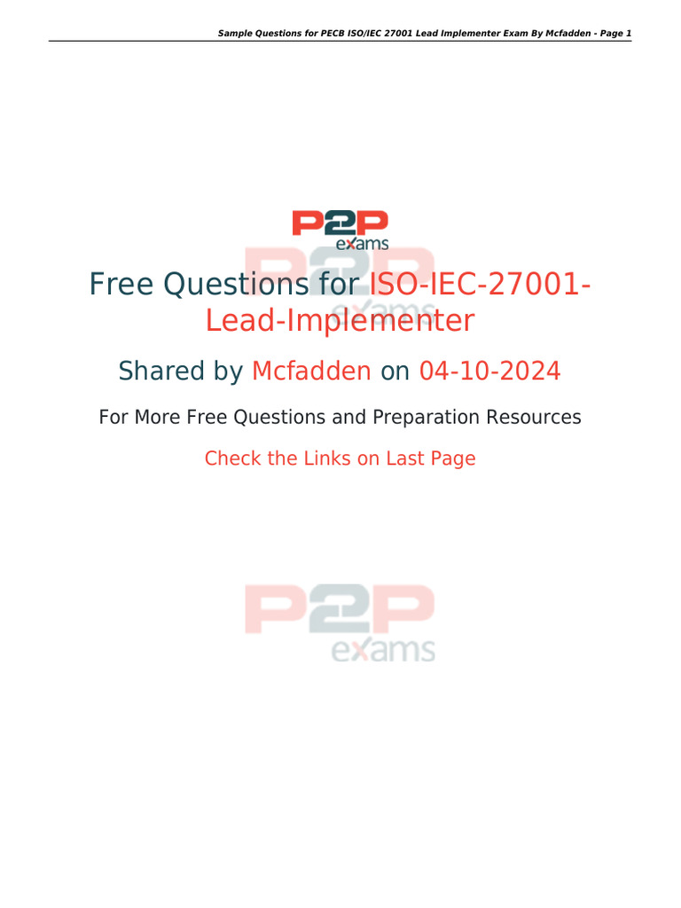 Sample Questions for Pecb Iso Iec 27001 Lead Implementer Exam by ...