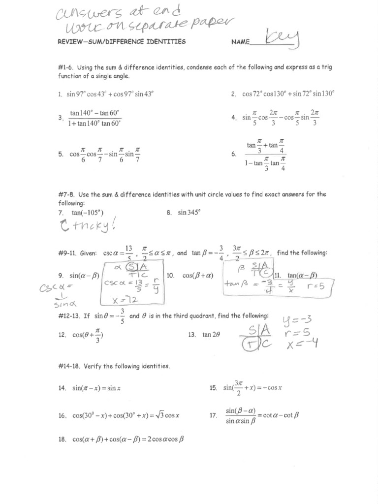 Sums and Differences Review Worksheet KEY | PDF