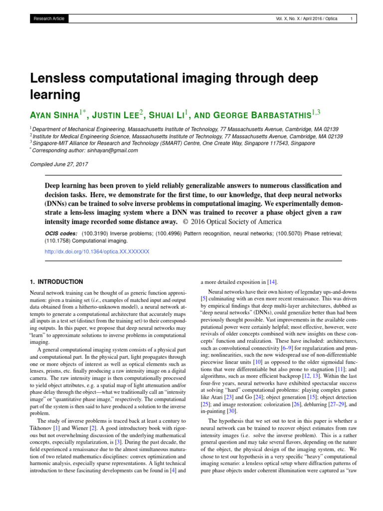 Lensless Computational Imaging Through Deep Learning | PDF | Deep Learning | Applied Mathematics