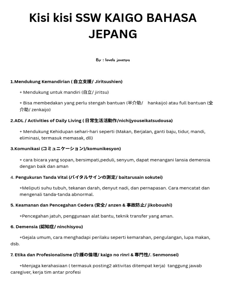 Kisi Kisi SSW Kaigo Bahasa Jepang PDF | PDF