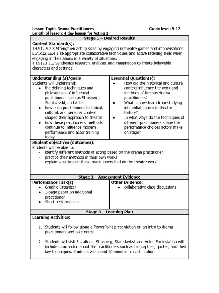 Drama Practitioners Unit Plan | PDF | Acting | Cognition