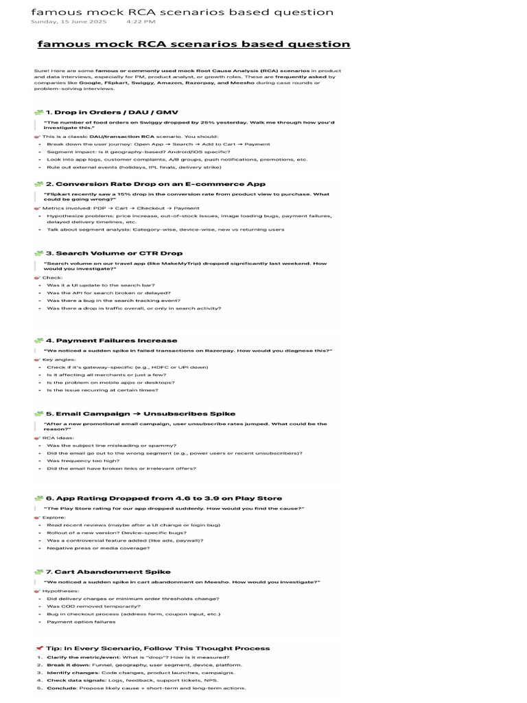 Famous Mock RCA Scenarios Based Question | PDF