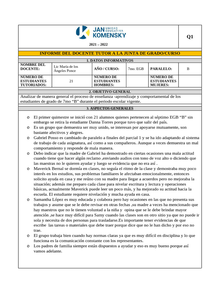 Informe Tutoria Séptimo b.primer Quimestre | PDF | Escuelas | Aprendizaje
