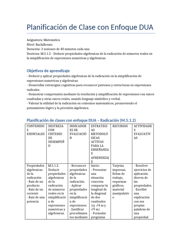 Planificacion RADICACION DUA Bachillerato | PDF | Aprendizaje | Ciencia cognitiva