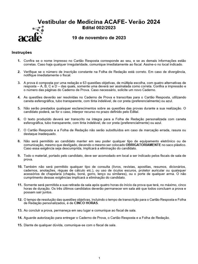 Prova Acafe 2024-1 Editada Sem Gabarito | PDF | Bactérias | Obesidade