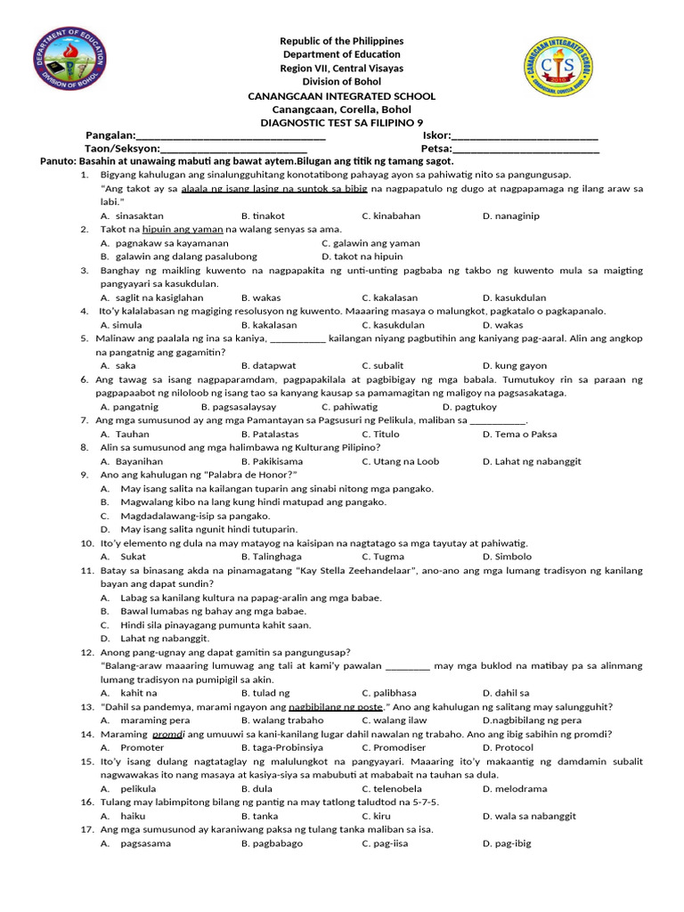 Diagnostic Test Filipino 9 | PDF