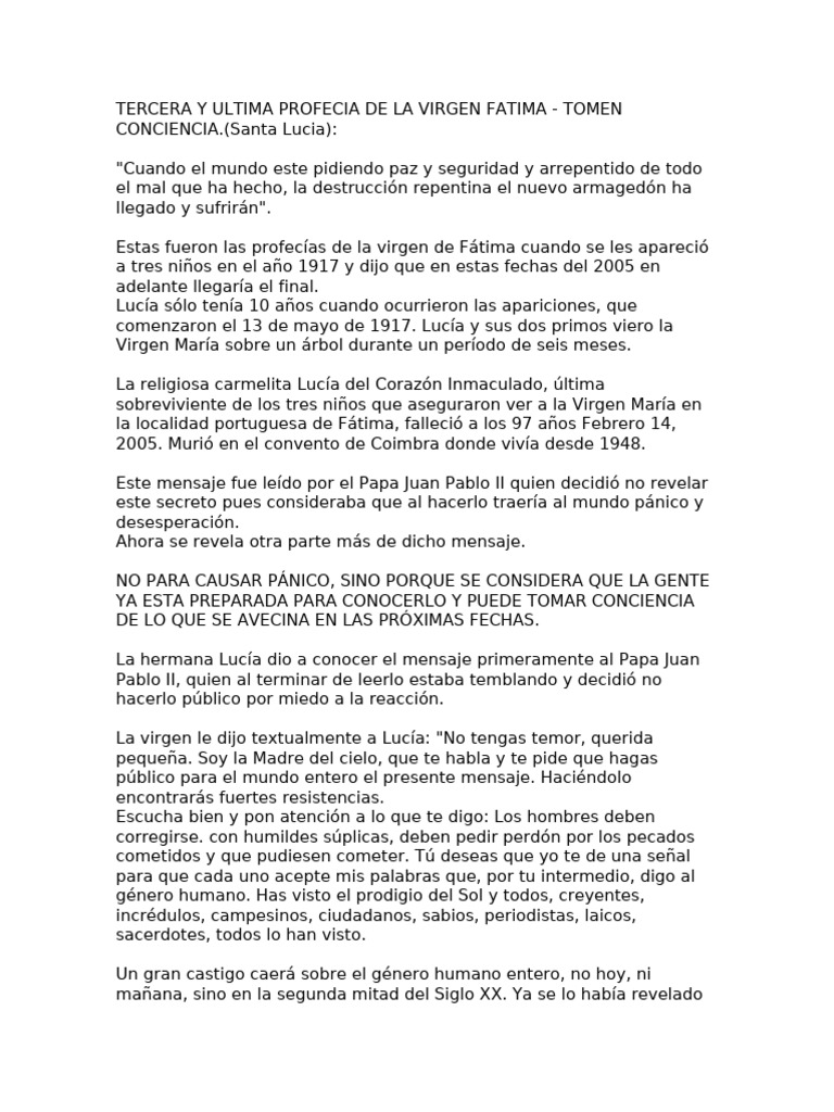 Tercera y Ultima Profecia de La Virgen Fatima | PDF | María, madre de ...