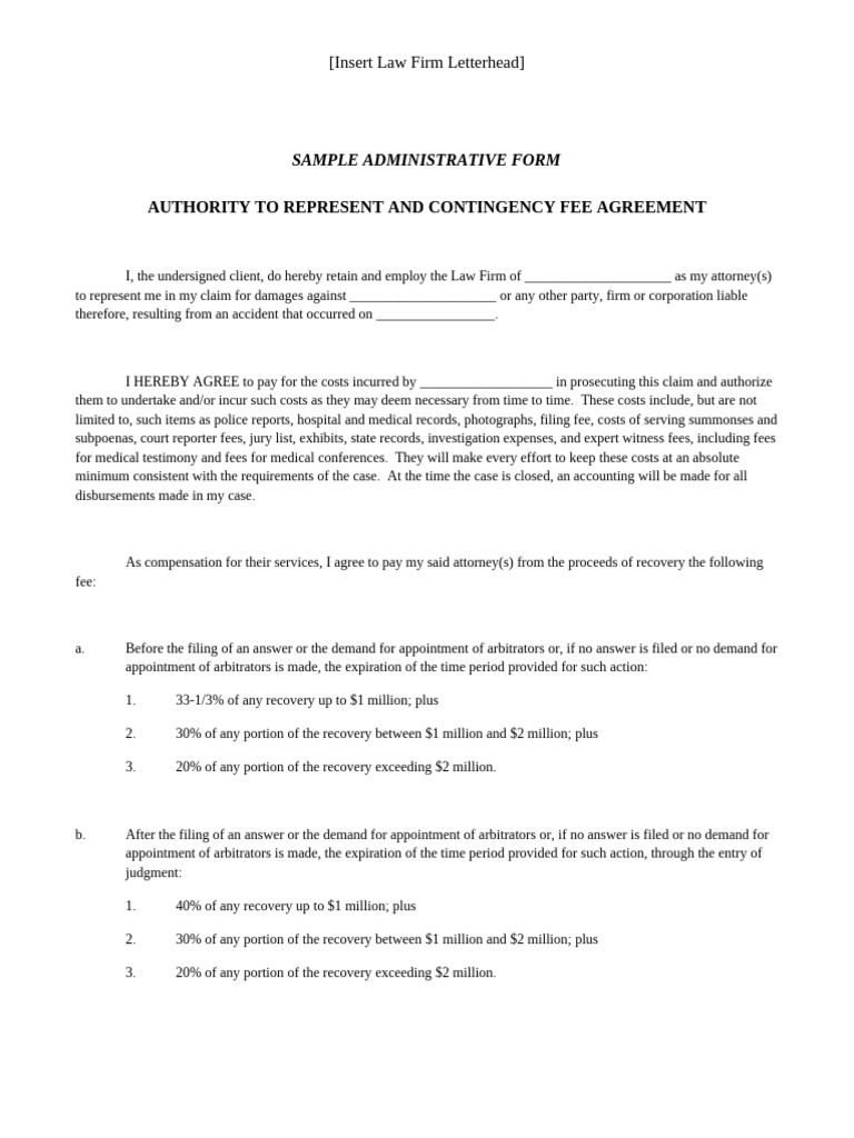 Authority To Represent and Contingency Fee Agreement | PDF | Lawyer | Judgment (Law)