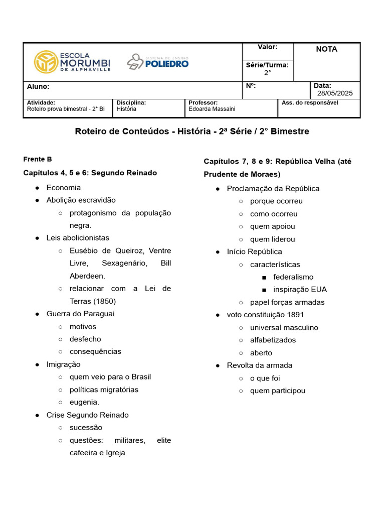 2025 - M - Hist - Roteiro Prova Bimestral - 2o Bi - 2 EM | PDF | Brasil