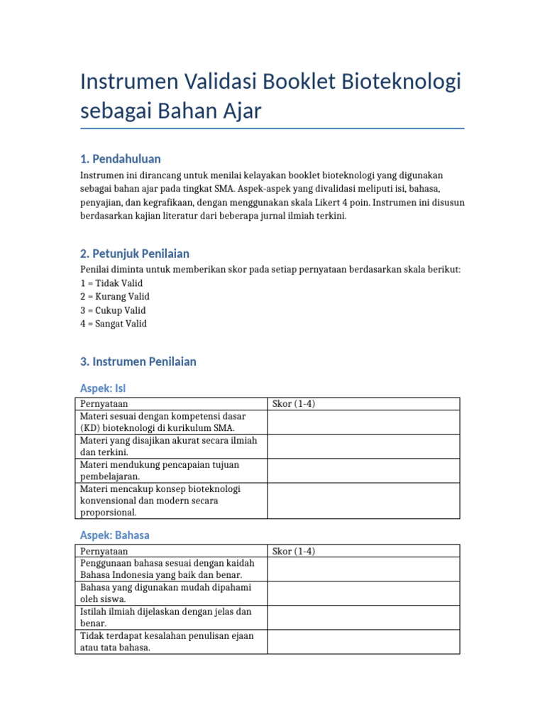 Instrumen Validasi Booklet Bioteknologi | PDF
