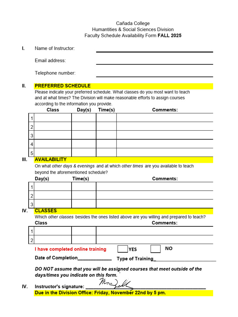 Faculty Schedule Availability Form | PDF